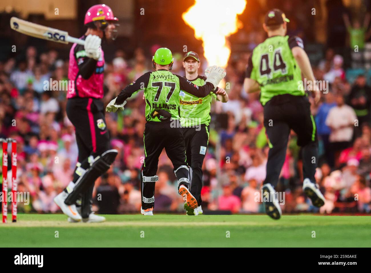 George Garton of the Thunder celebrates with team mates the wicket of ...