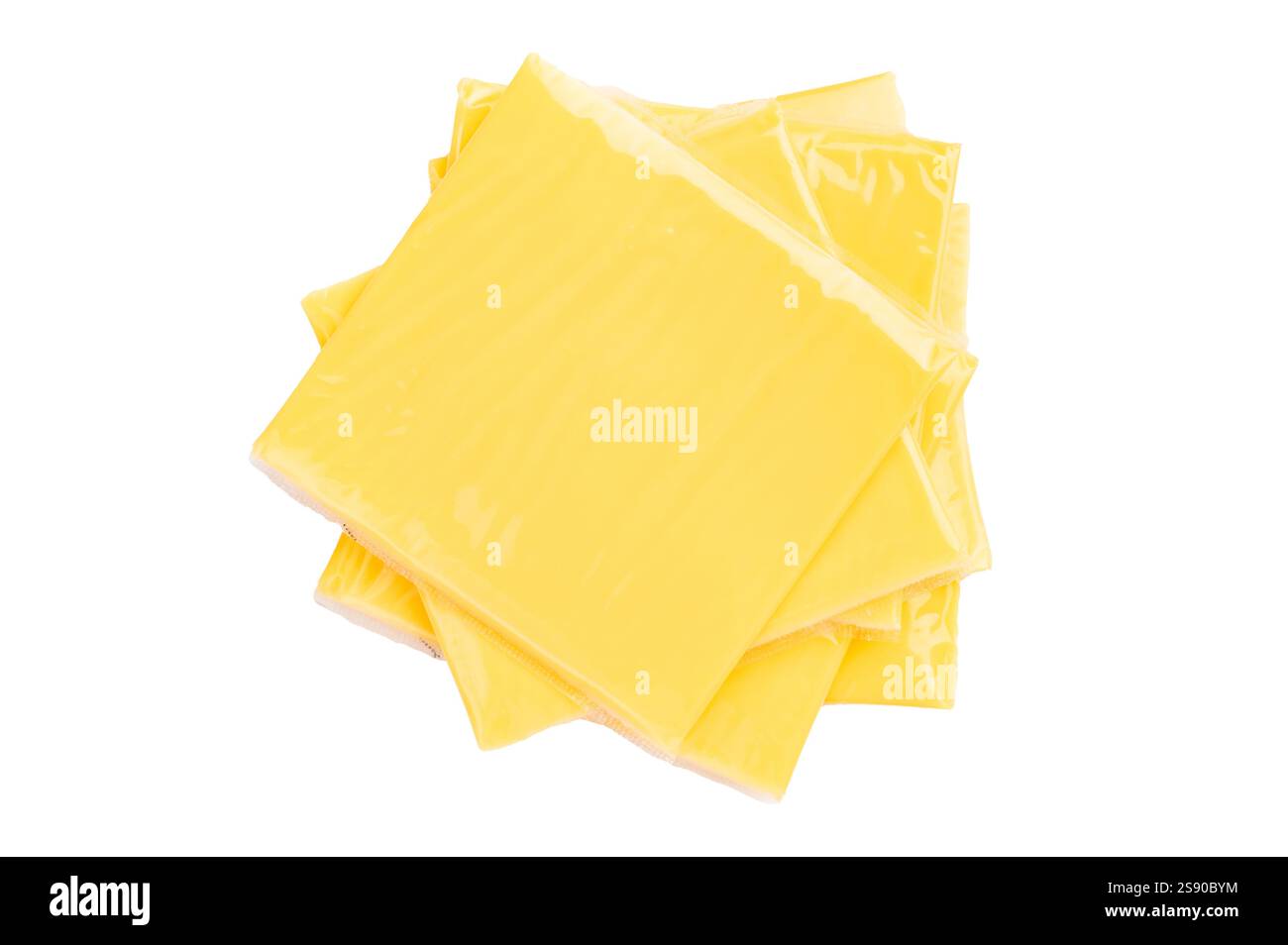 Square Slices of processed Cheddar cheese in individual plastic ...