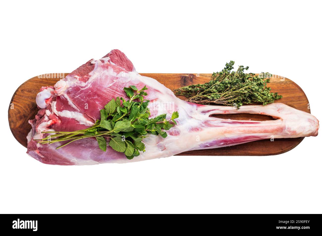 Whole raw lamb leg, uncooked mutton meat on butcher board isolated on ...