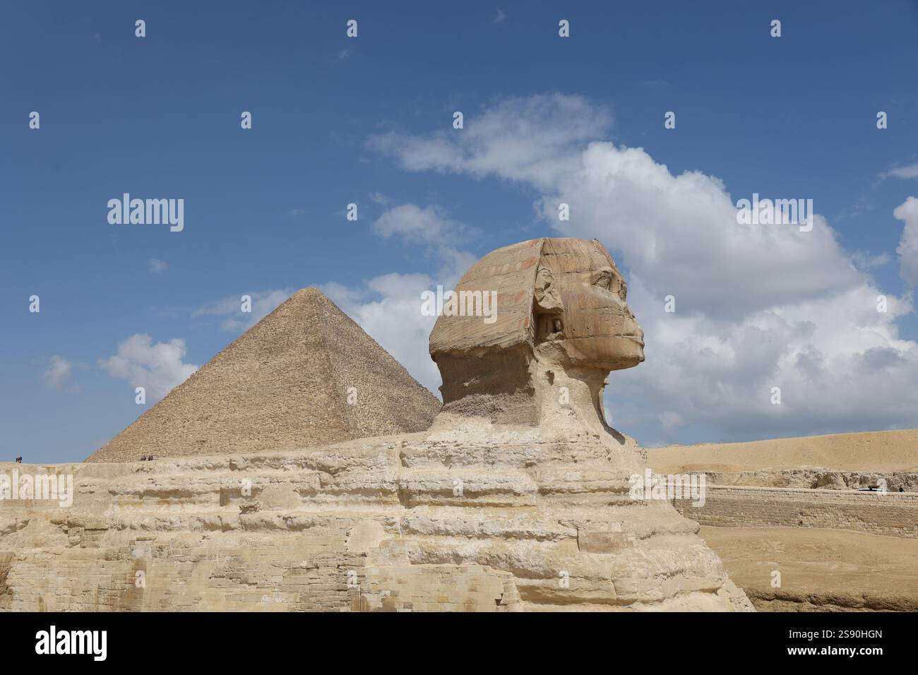 close profile portrait of the sphinx in front of cheope pyramid. Giza ...