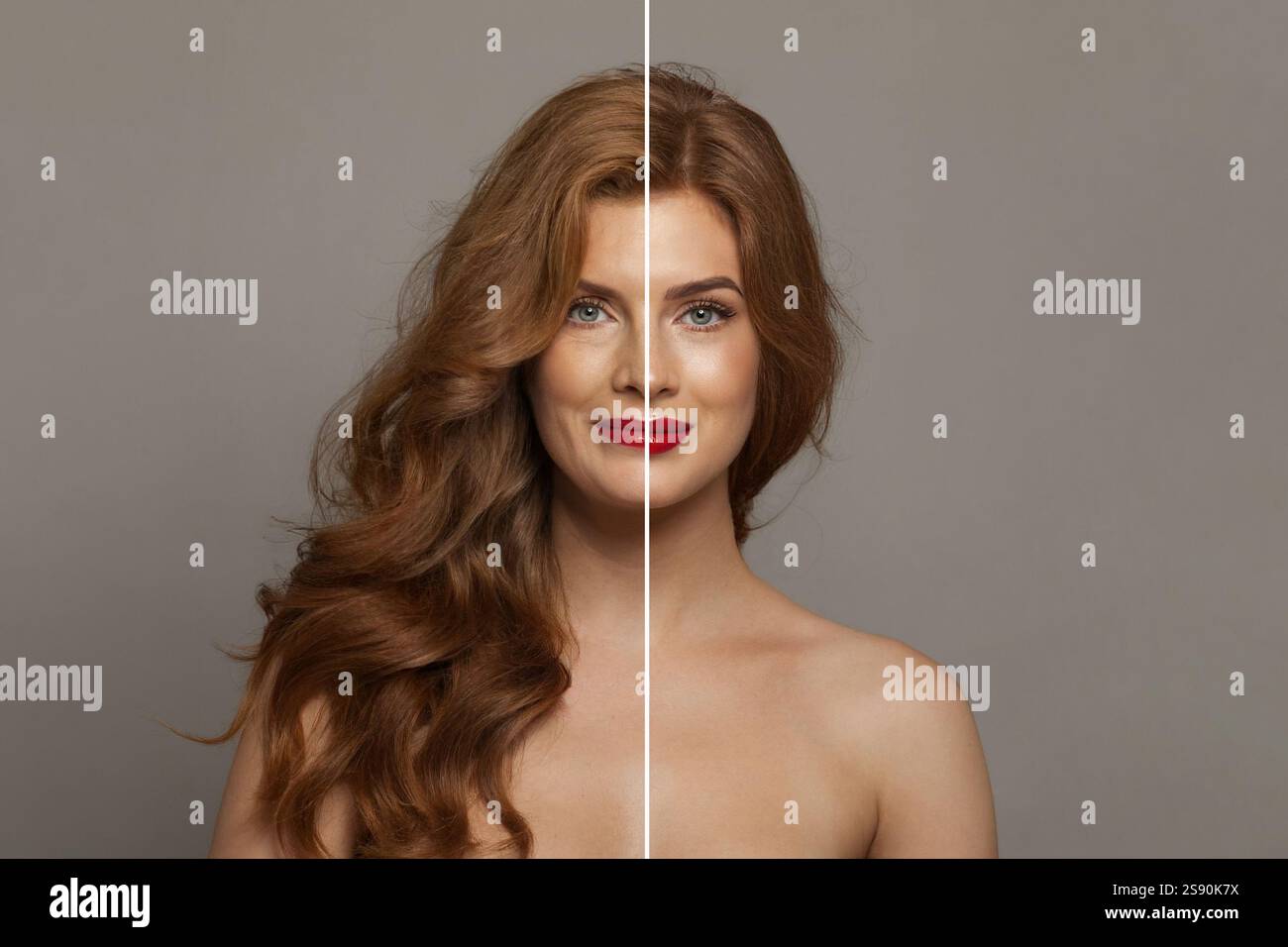 Redhead young model woman and mature woman. Two female faces collage ...