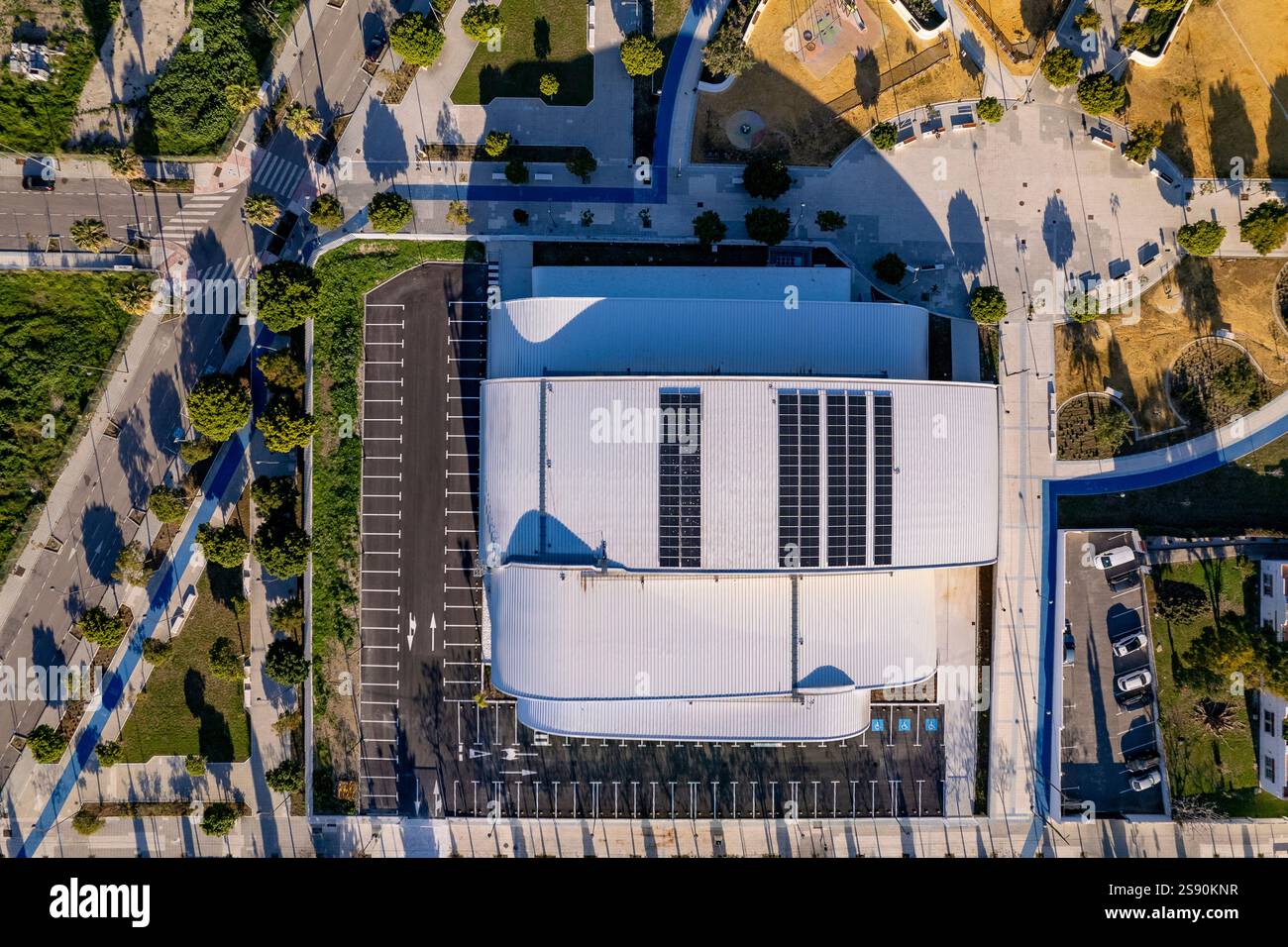 Top down aerial view of large pavilion venue on Lyon square in San ...
