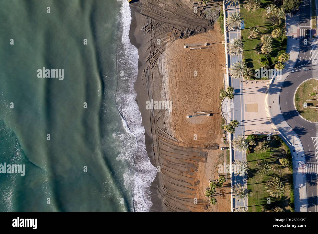 Aerial of Marbella sun coast in Spain. Top down view on waves of ...