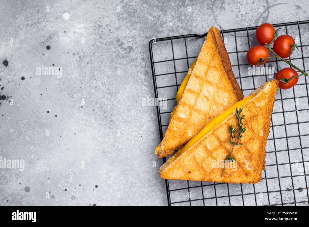 Grilled cheese sandwich on steel rack. grey background. top view Stock ...