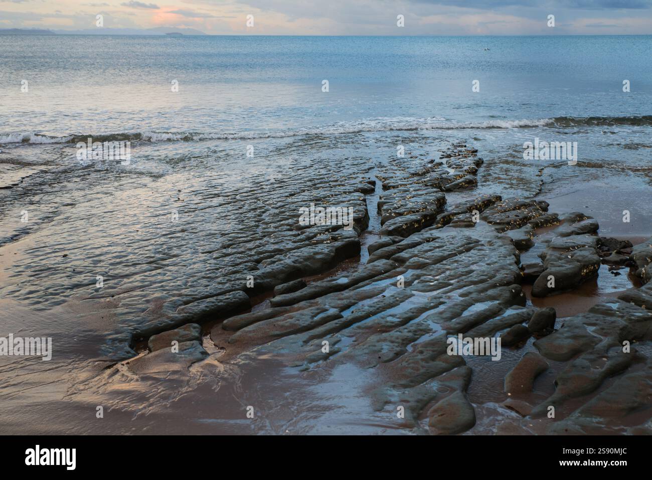 Exposed greywacke bedrock on Stanmore Bay beach at sunset on the ...