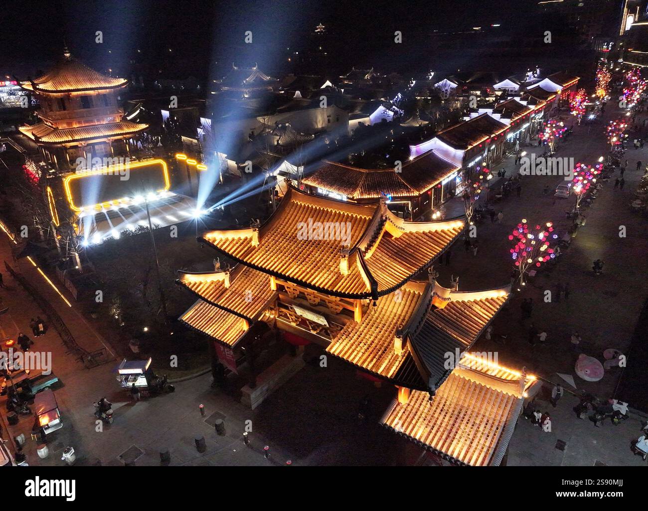 Aerial photo shows the night view of Shangjie ancient city in Jinhua City, east China's Zhejiang ...