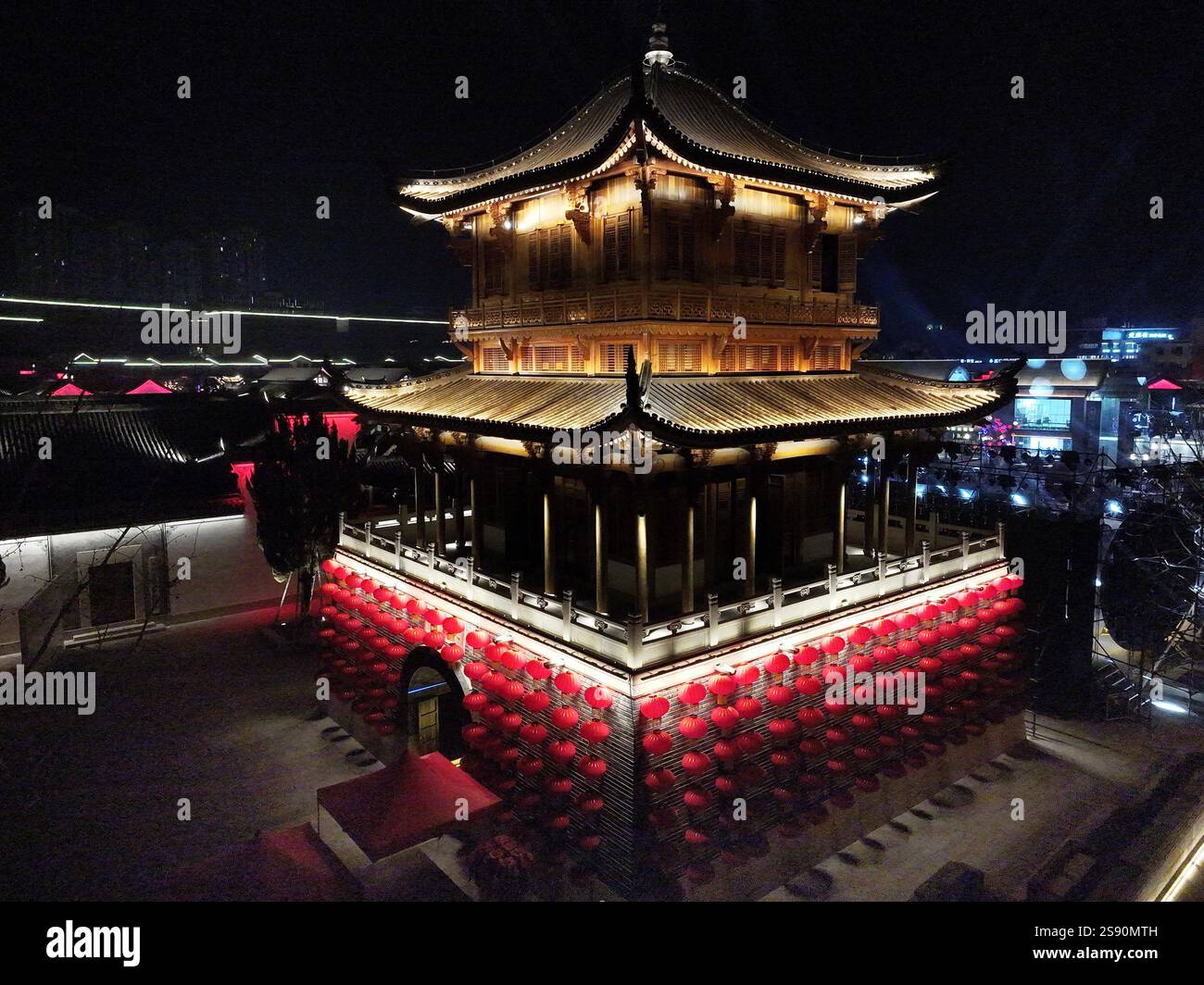 Aerial photo shows the night view of Shangjie ancient city in Jinhua ...
