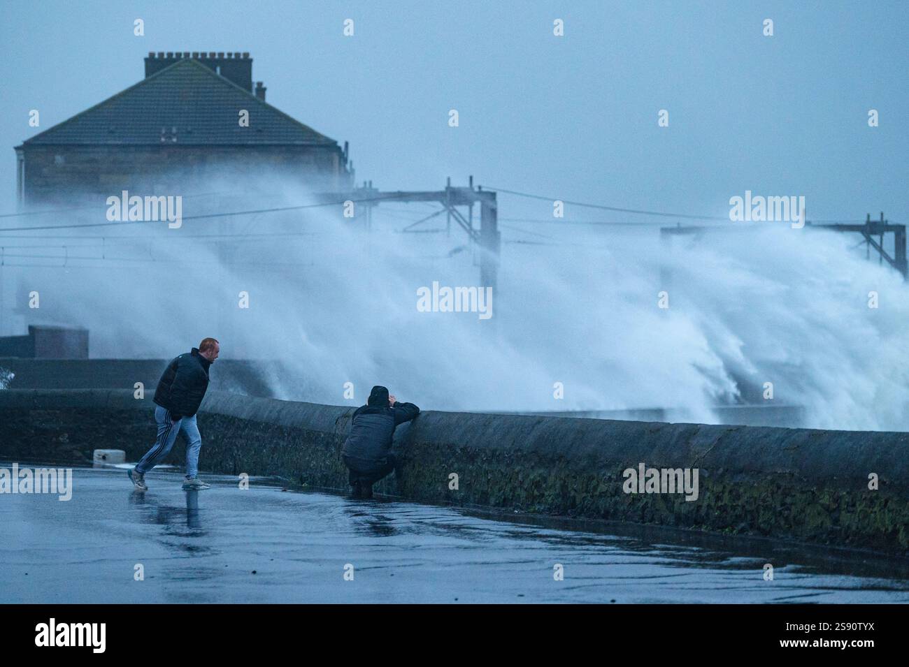 Saltcoats, Scotland, 01.24.2025 High waves are seen at Saltcoast's ...