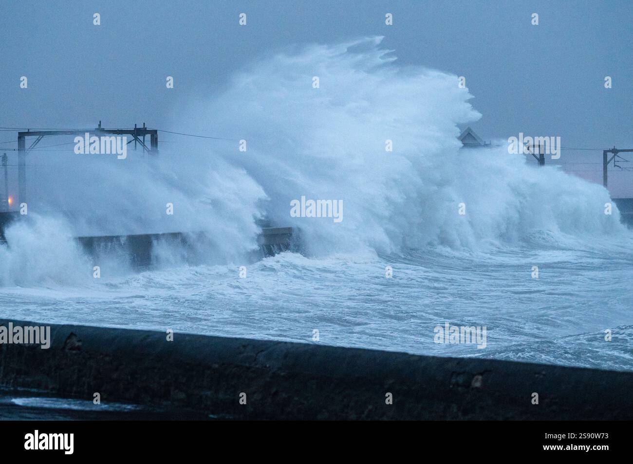 Saltcoats, Scotland, 01.24.2025 High waves are seen at Saltcoast's ...
