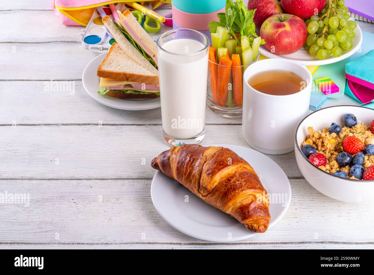 Healthy nutritious morning breakfast for school kids, with fresh fruits ...