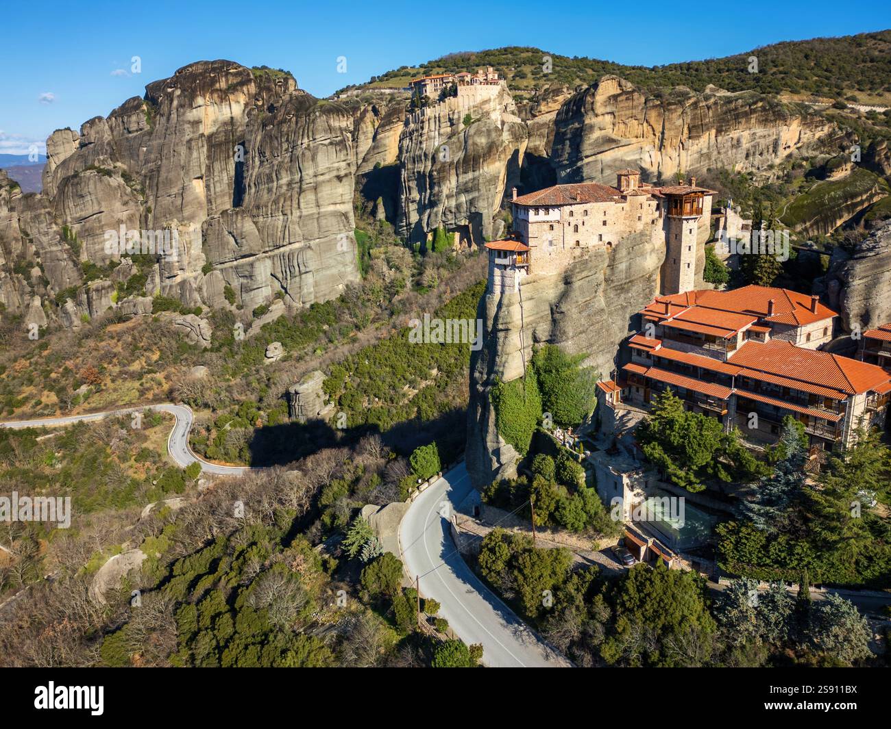 Meteora ancient Rousanos Saint Barbara monastery drone aerial view ...