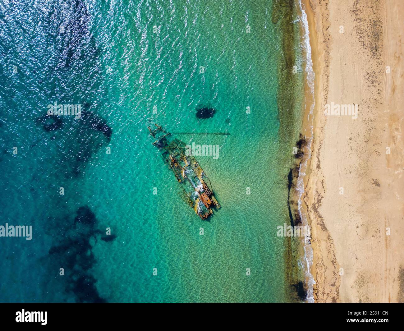 Epanomi boat shipwreck drone aerial view on the sea of Greece Stock ...