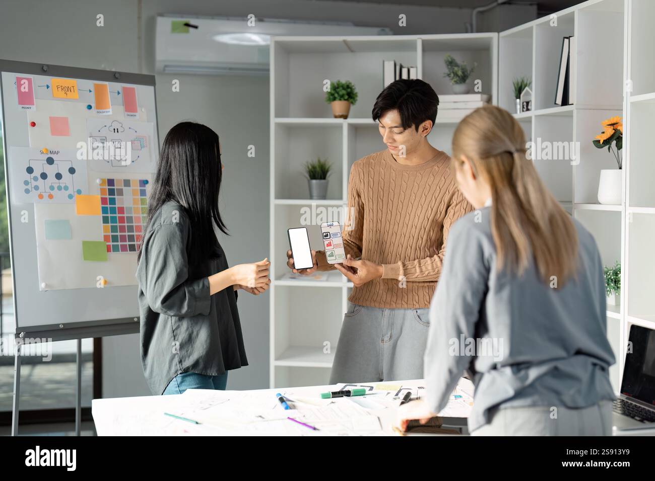 Interactive UX UI design presentation with mobile app mockup and team ...