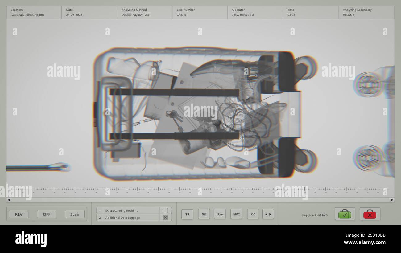 X-Ray Scan: Bags of Passengers Moving On Conveyor. 3D Animation of ...