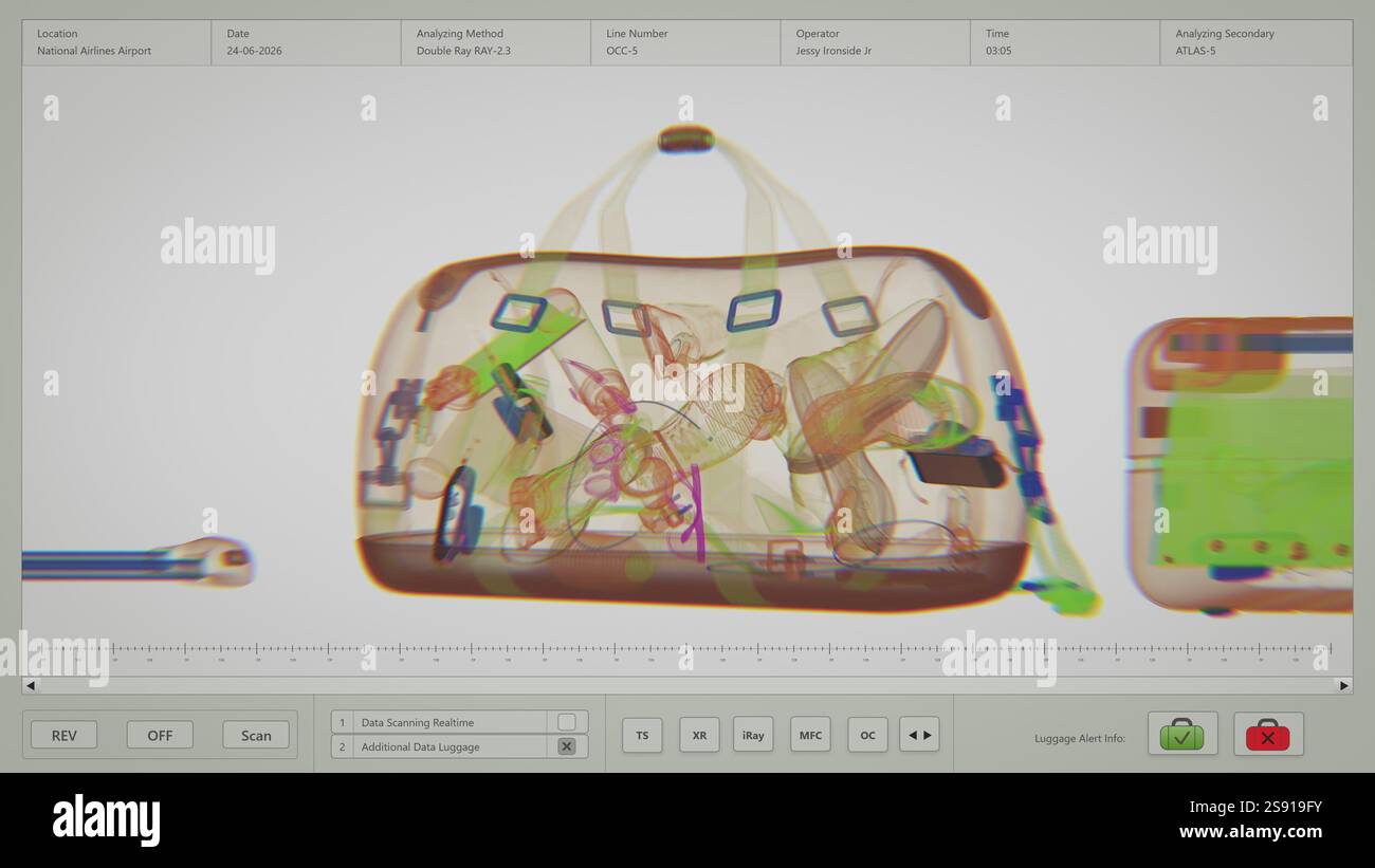 Security System in Airport Terminal: X-Ray Scan of Passengers Suitcases Moving On Conveyor. 3D ...