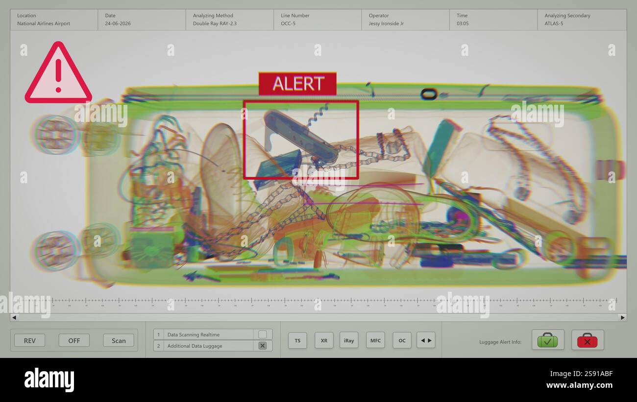 X-Ray Scan: Bags of Passengers Moving On Conveyor. 3D Animation of ...