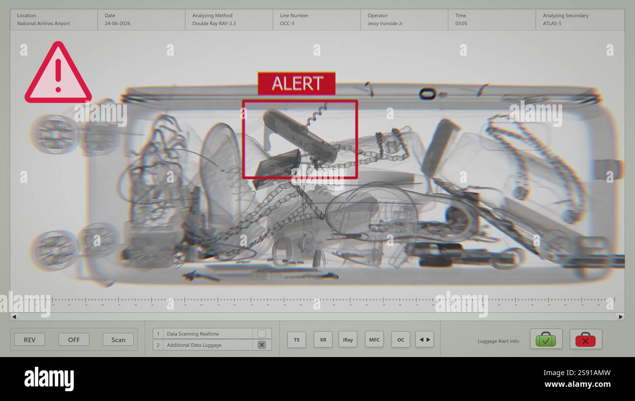 X-Ray Scan of Passengers Suitcases Lying On Conveyor. 3D Animation of ...