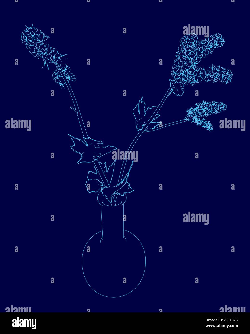 Blue drawing of a vase filled with flowers. The drawing is of a close ...