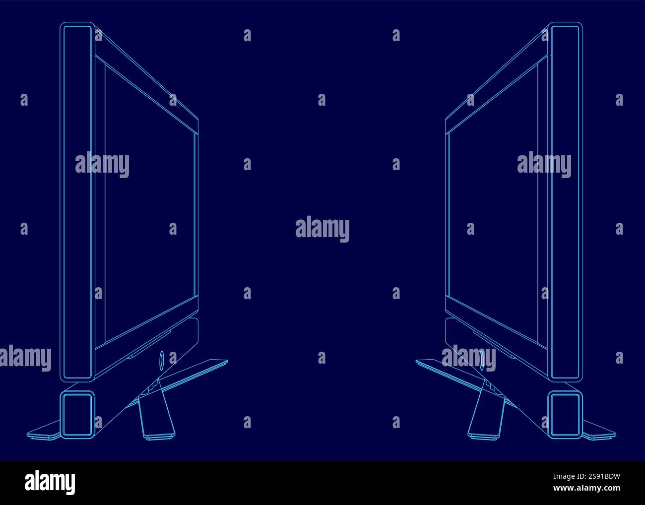 Two computer monitors are shown side by side. The monitors are blue and ...