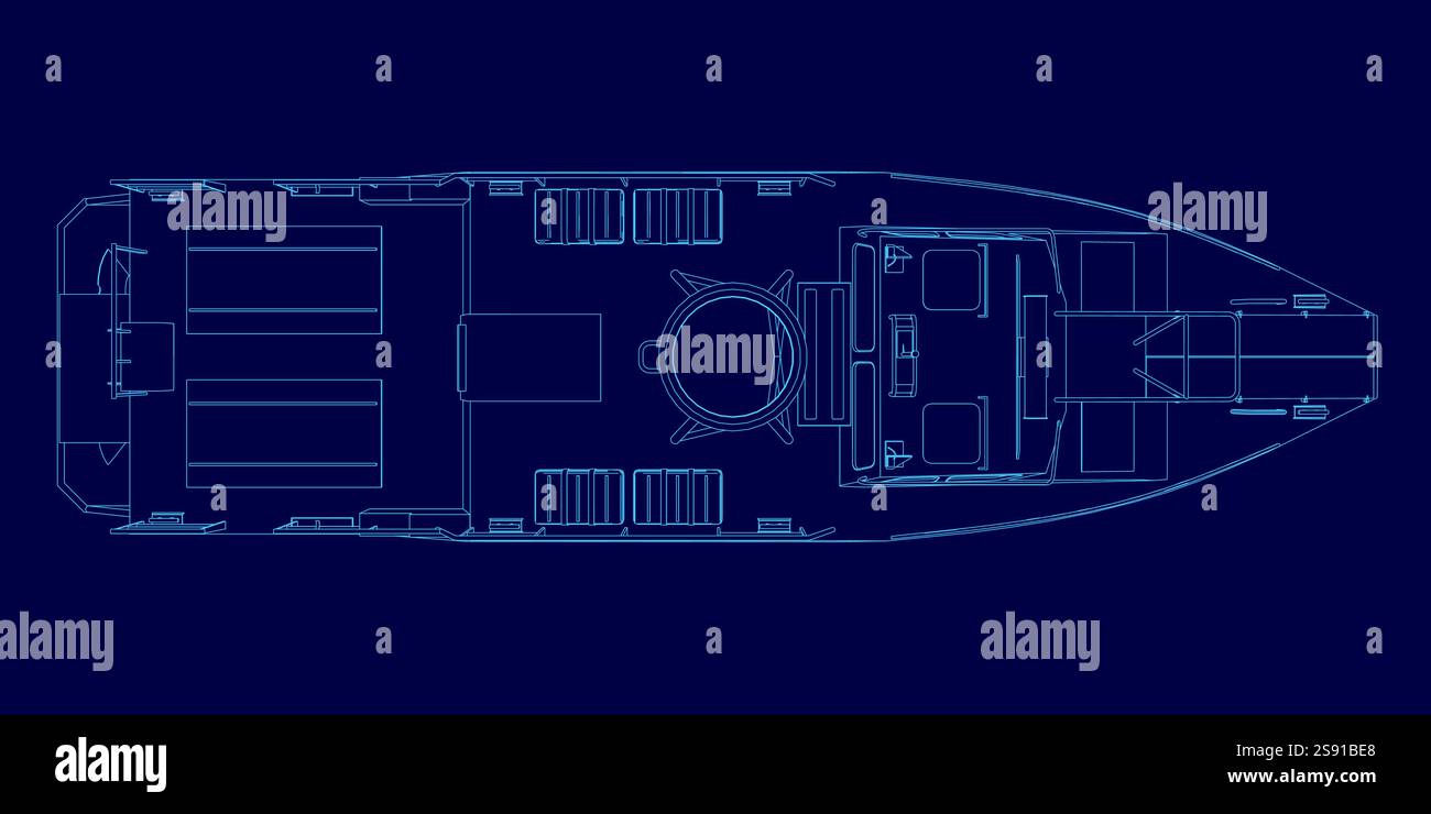 Blue drawing of a boat with a blue background. The boat is shown in a ...