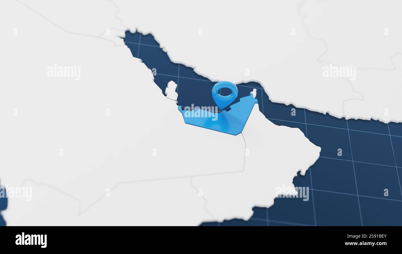 Blue United Arab Emirates 3d map with pointer pin surrounded with other ...