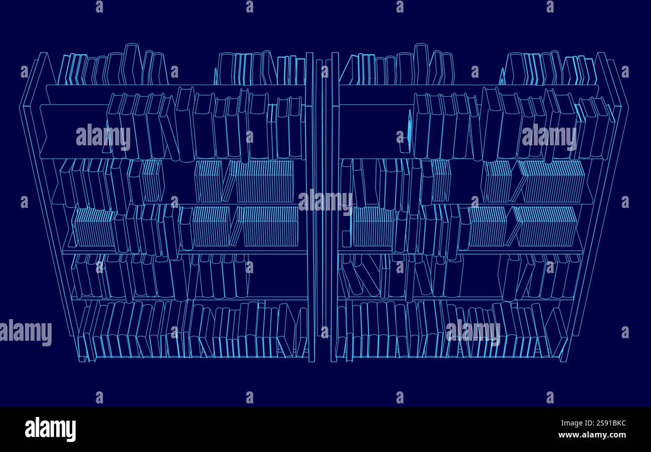 Outline of shelves with many books. Front view. Vector illustration ...