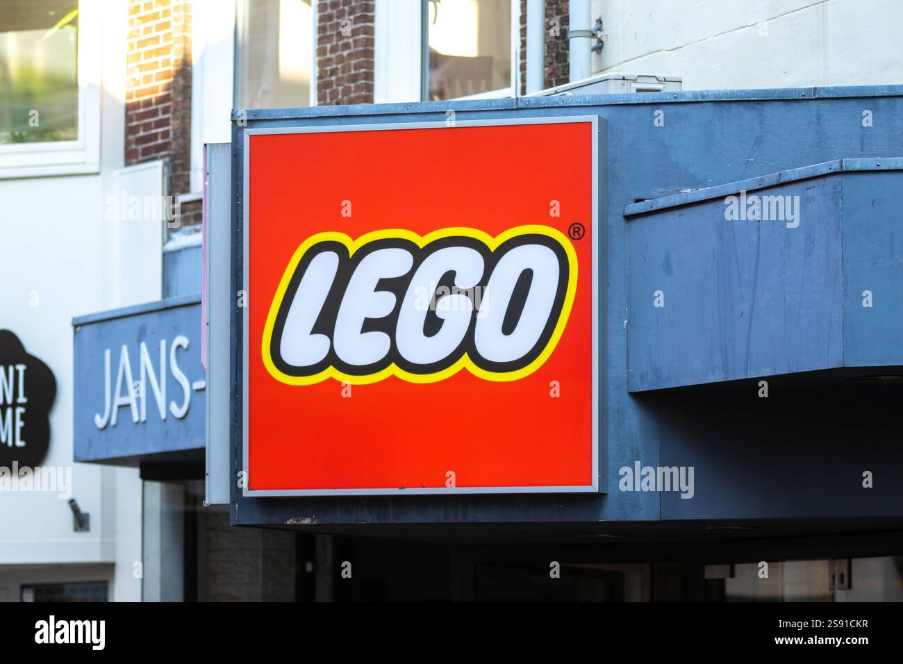Lego shop, square logo sign above the entrance, Lego manufactures Lego ...