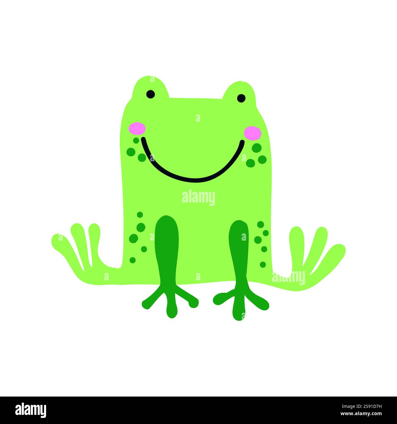 Cute green frog with a cheerful smile on a white background. Whimsical ...