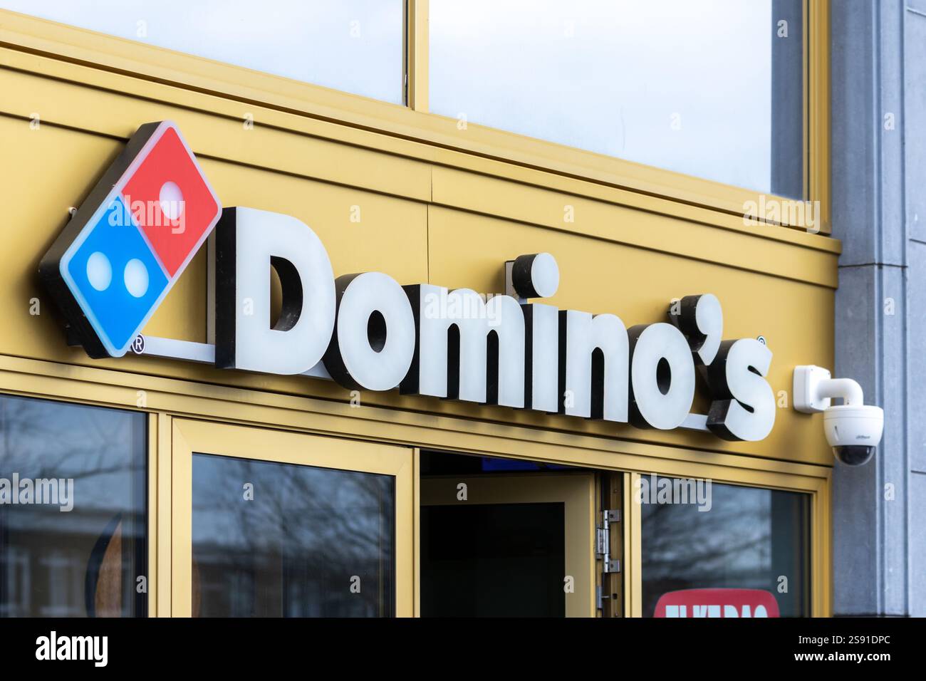 Domino's Pizza restaurant sign, Domino's is a Michigan-based multinational pizza restaurant ...