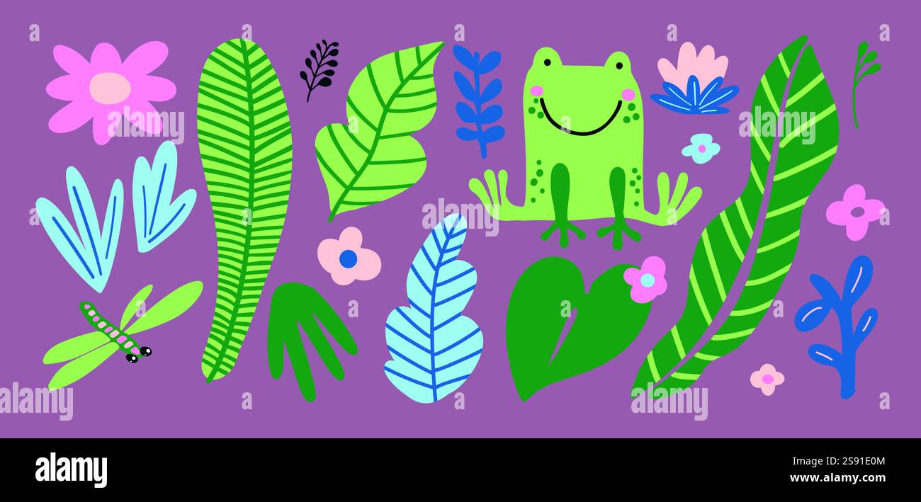 Smiling green frog surrounded by tropical leaves, colorful flowers, and ...