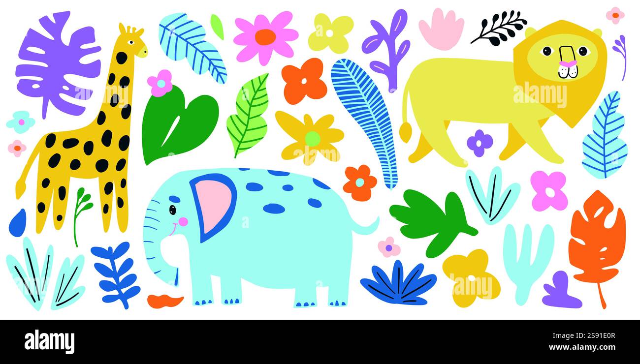 Playful jungle illustration with giraffe, lion, and elephant surrounded ...