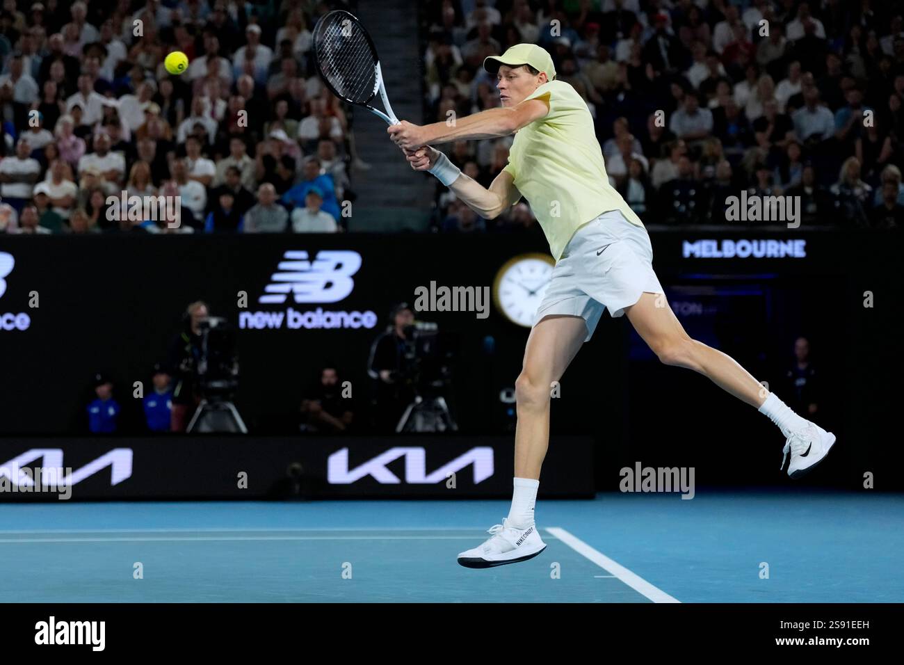 Jannik Sinner of Italy plays a backhand return to Ben Shelton of the U ...