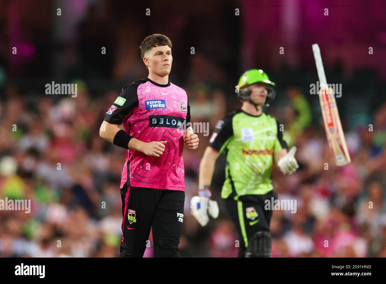 Hayden Kerr of the Sixers celebrates bowling George Garton of the ...