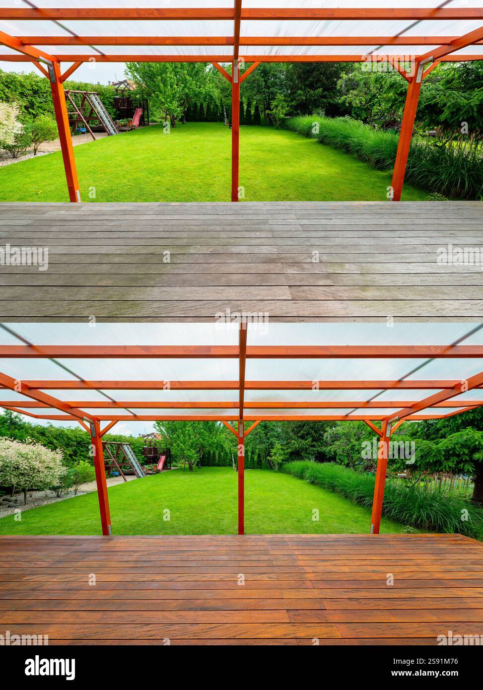 Before and after comparison of a wooden deck restoration showing ...