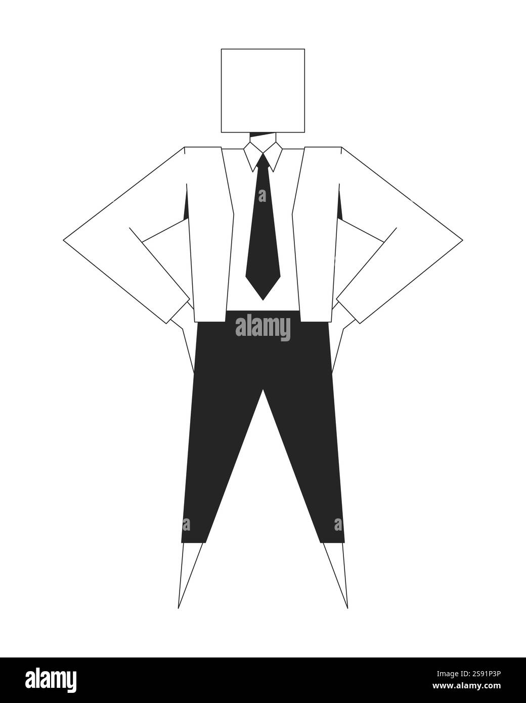 Stylized businessman with square head in jacket and tie black and white ...
