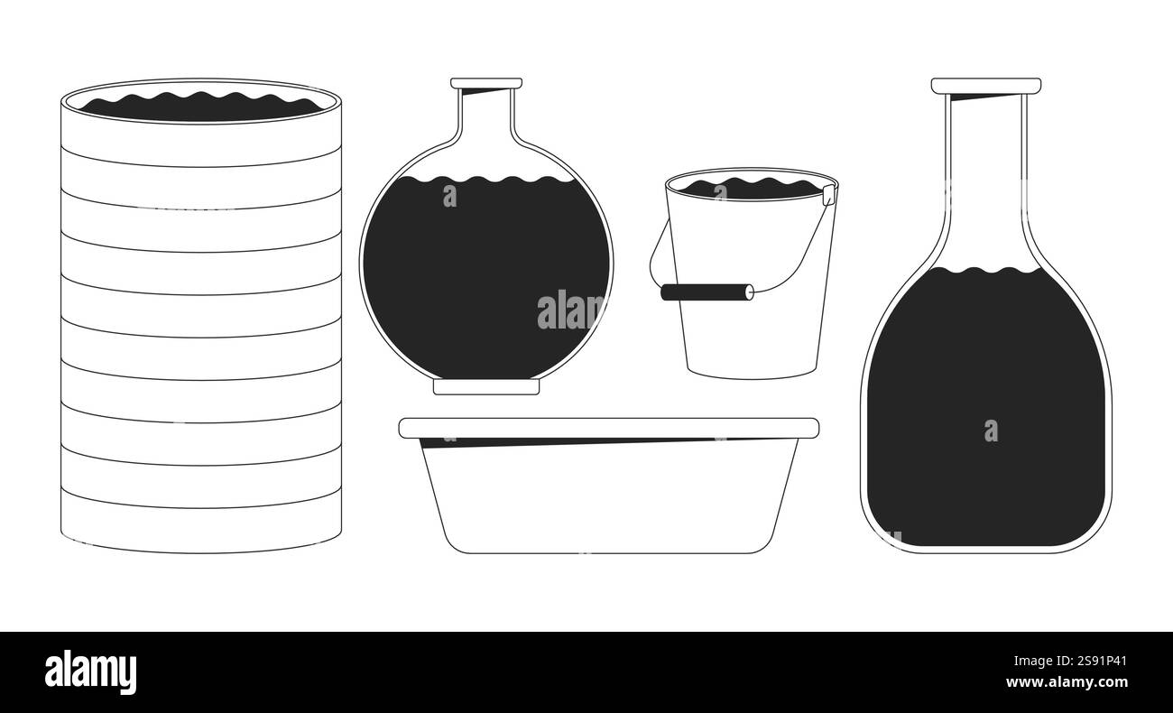 Various water containers black and white 2D line objects set Stock ...
