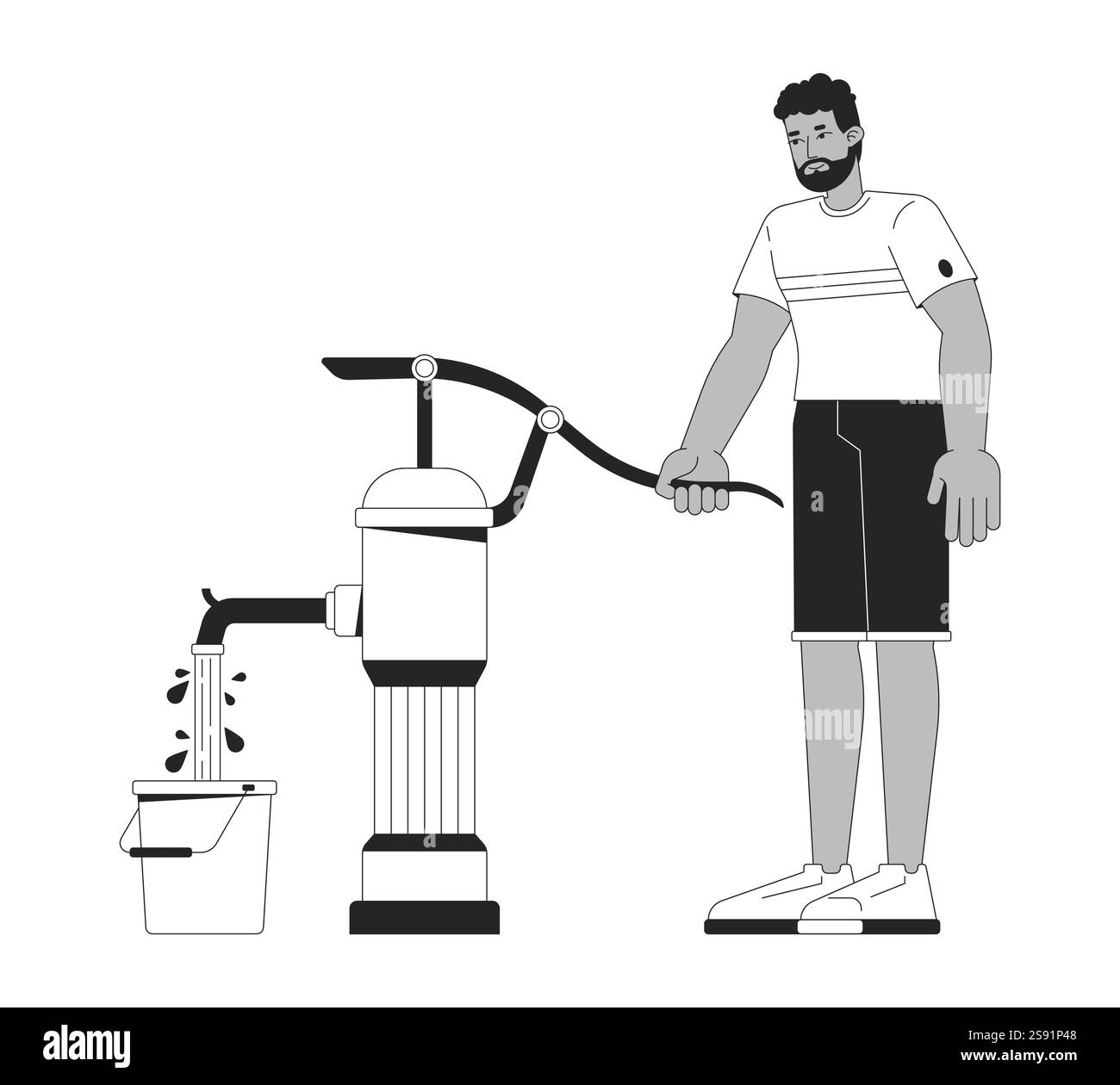 African american man operating hand water pump bucket black and white ...