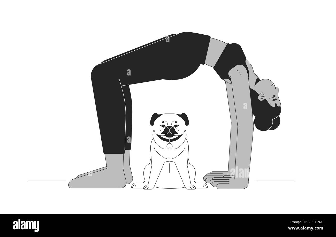 Yoga bridge pose with pug dog companion linear illustration Stock ...