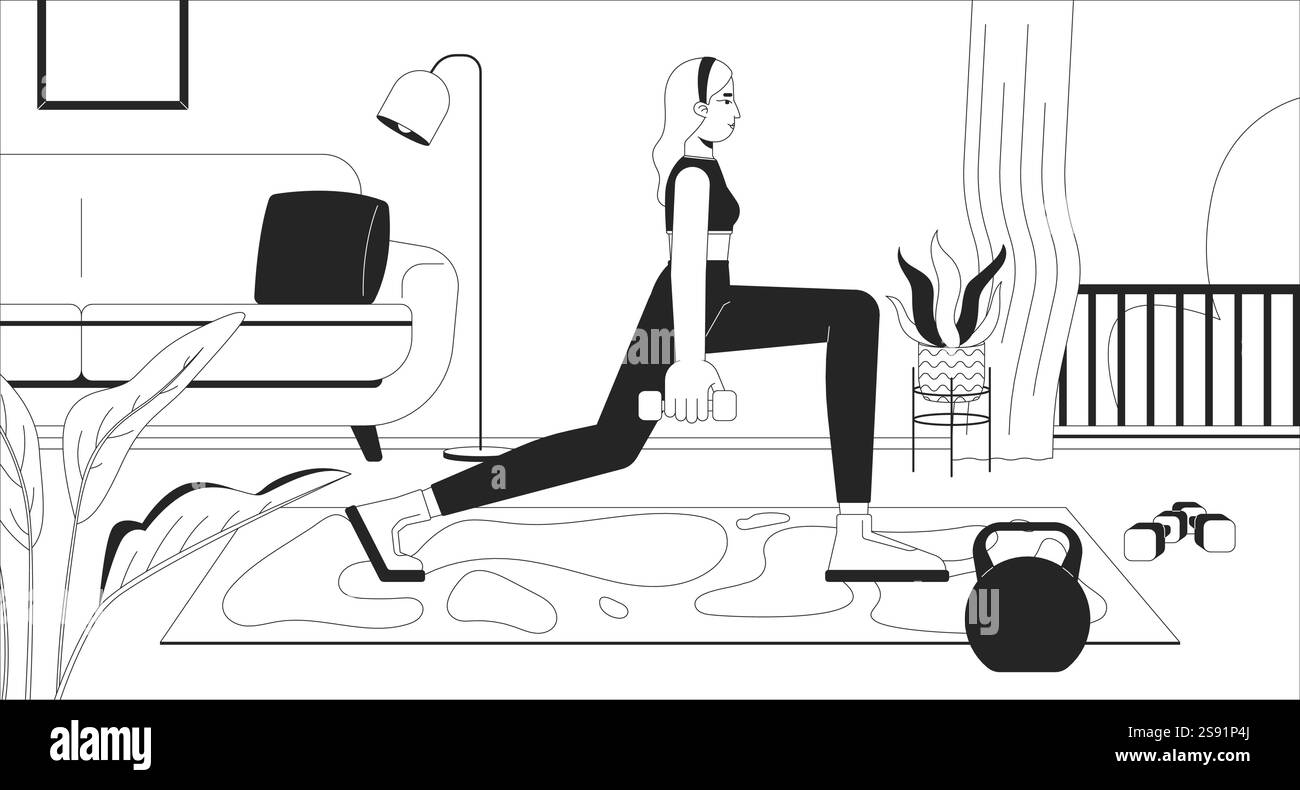 Home workout with dumbbells black and white line illustration Stock ...