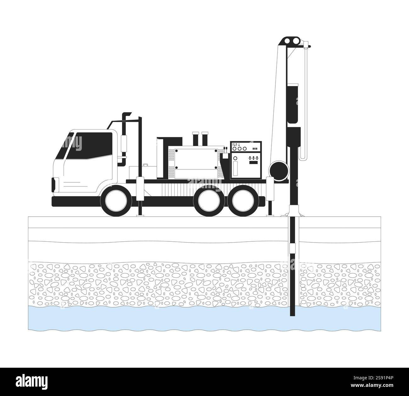 Water well drilling truck and ground layers linear illustration Stock ...