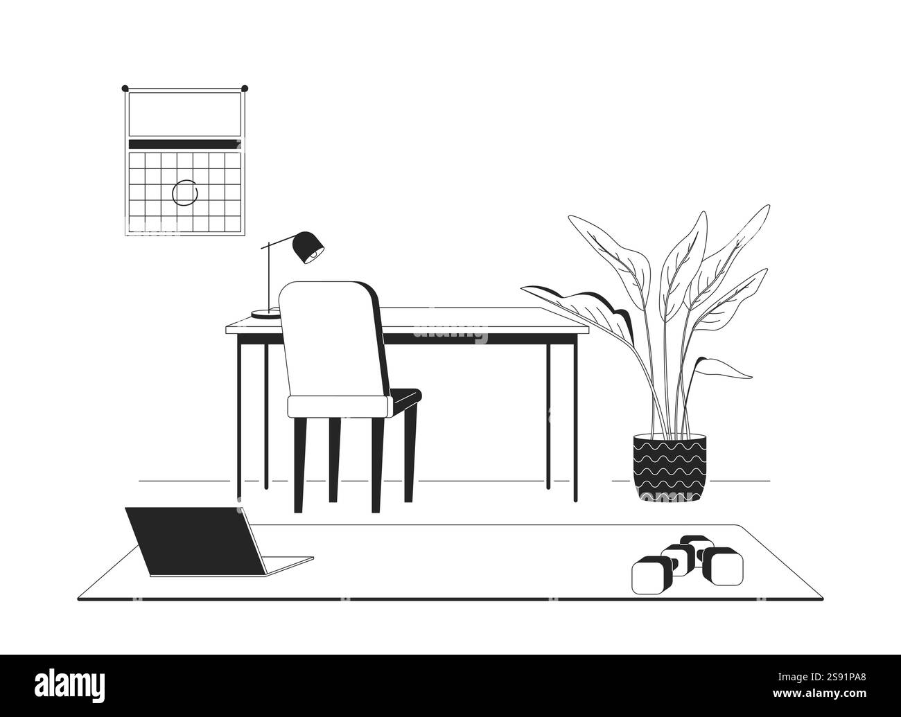 Work-from-home desk with workout corner linear illustration Stock ...