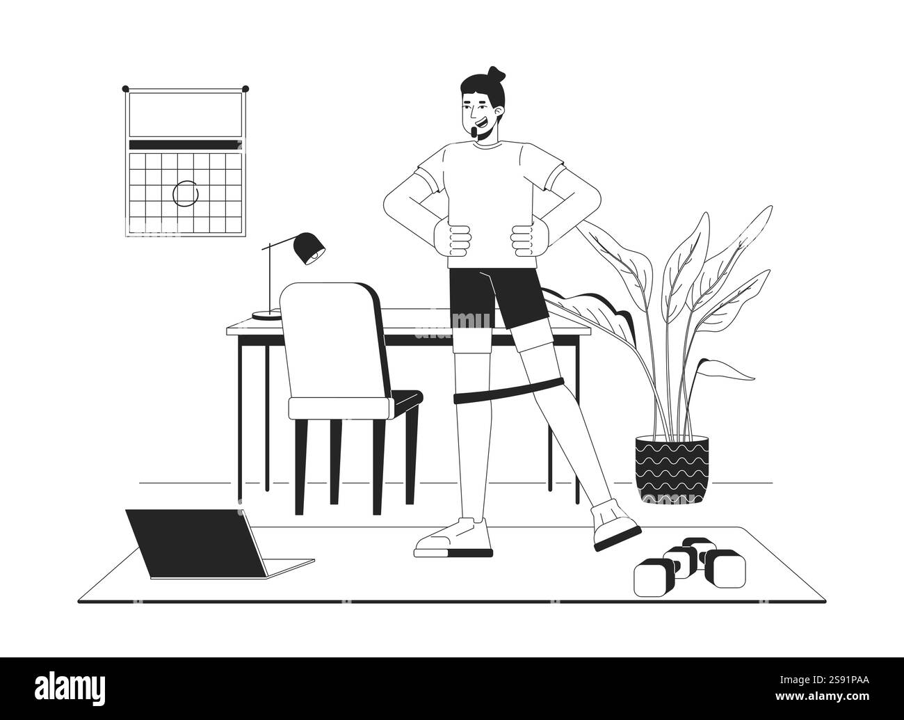 Home office workout session with resistance band linear illustration ...