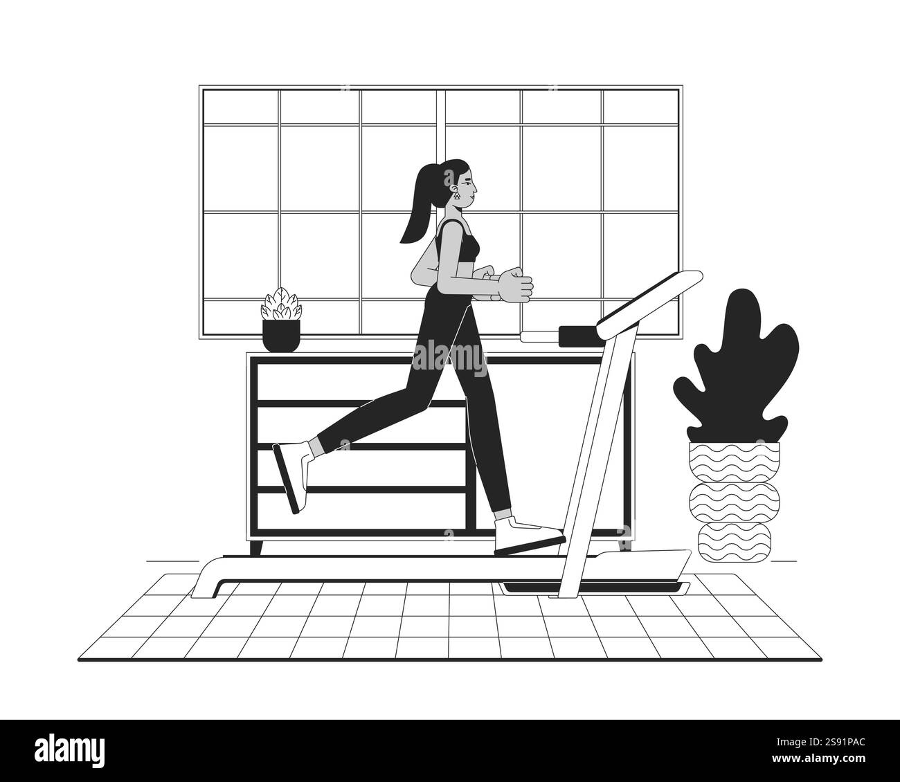 Woman running on treadmill in home gym linear illustration Stock Vector ...