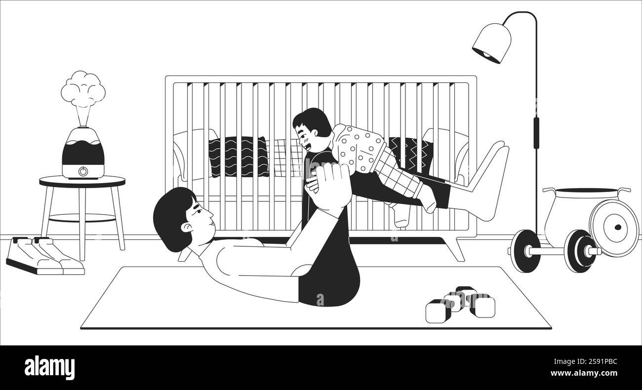 Parent-child playtime in nursery room black and white line illustration ...