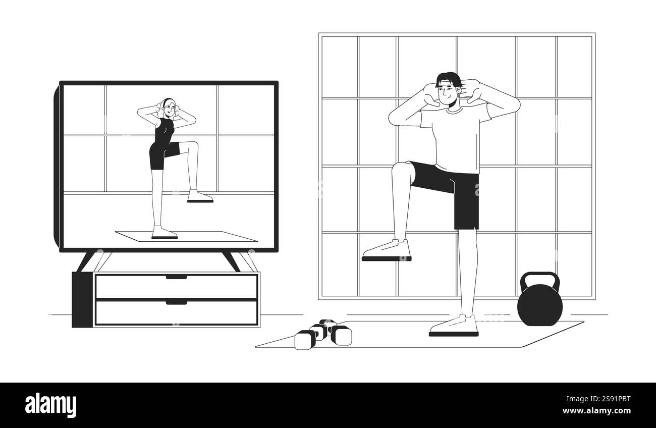 Virtual fitness class on TV linear illustration Stock Vector Image ...