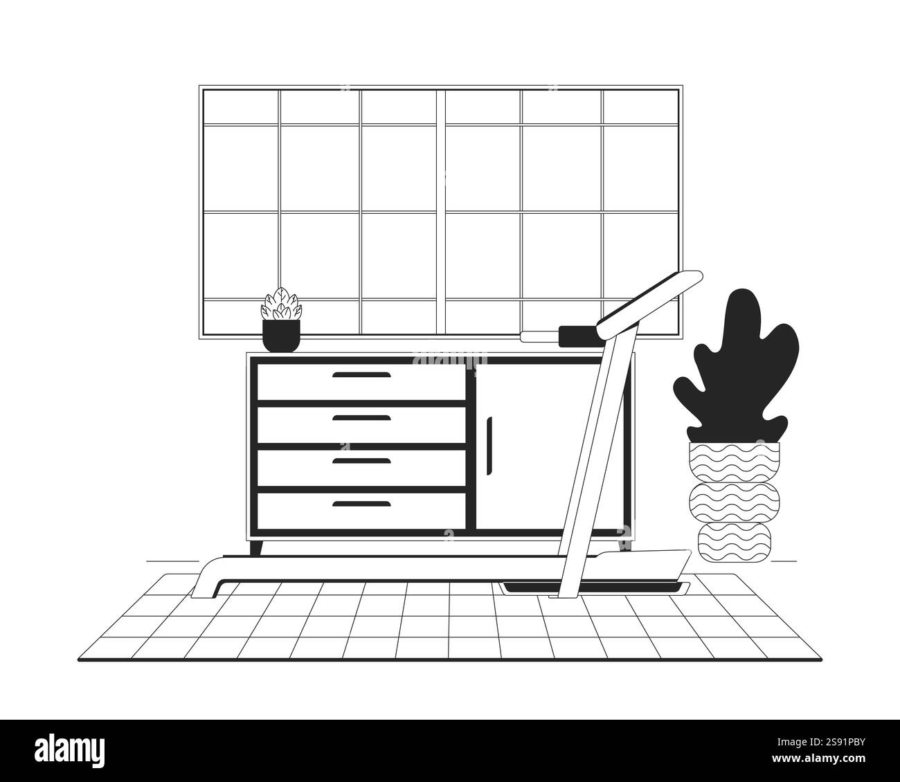 Treadmill and cabinet in home gym room linear illustration Stock Vector ...