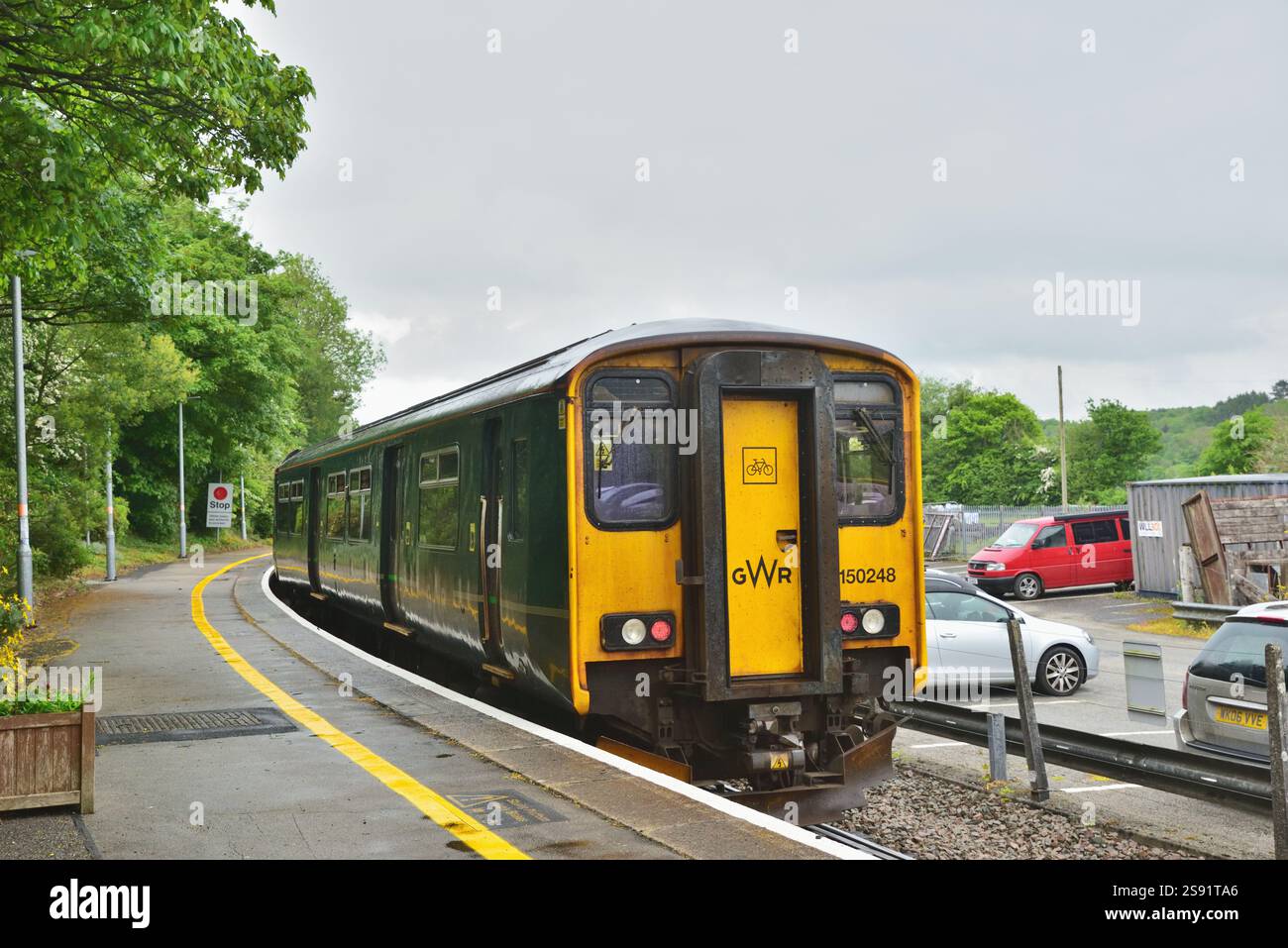 GWR class 150 no. 150248 waits at Liskeard, Cornwall, with a service to ...