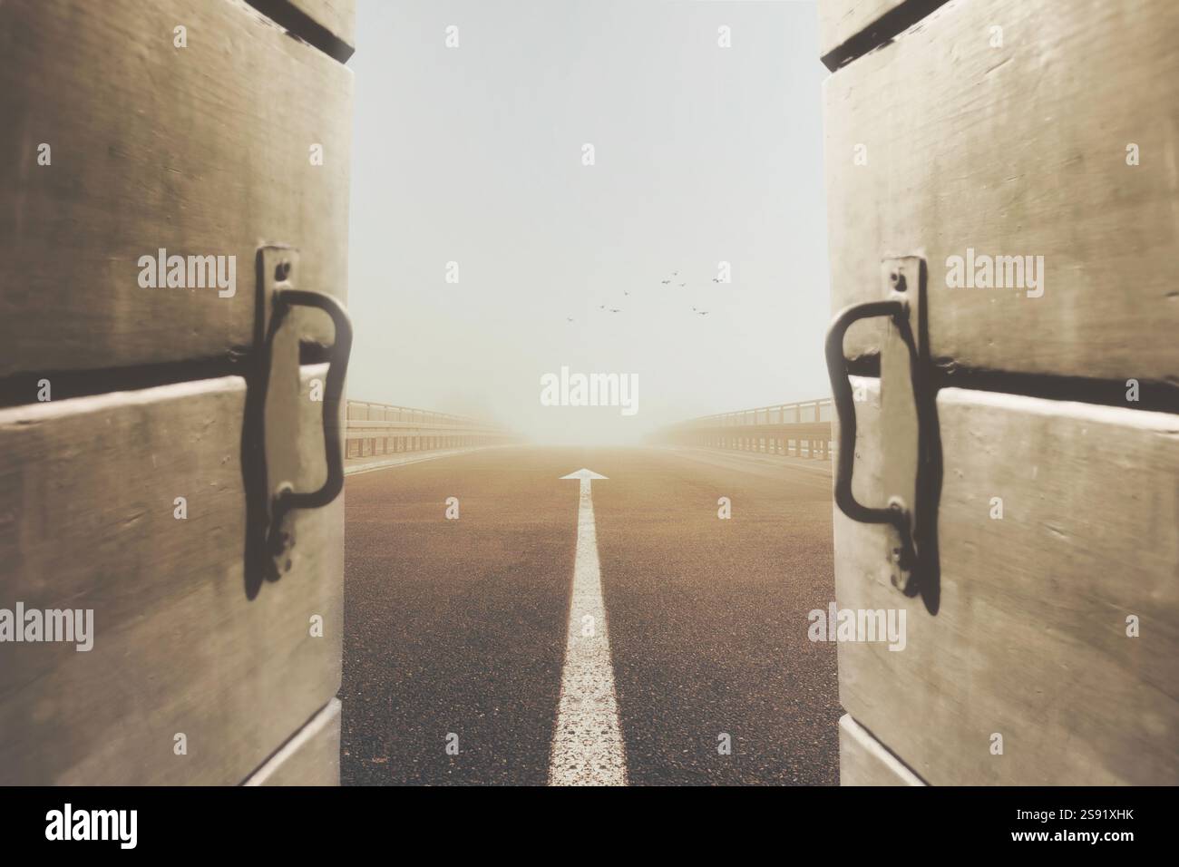Two Open Doors Leading to a Road with Arrow in the Center and Setting ...