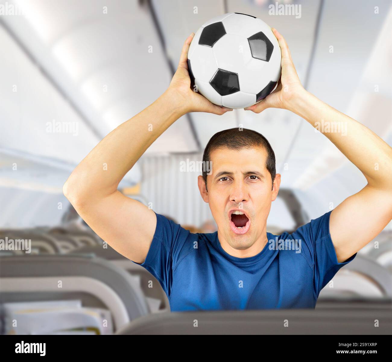 Fan sport player on blue uniform celebrating with football or soccer ...