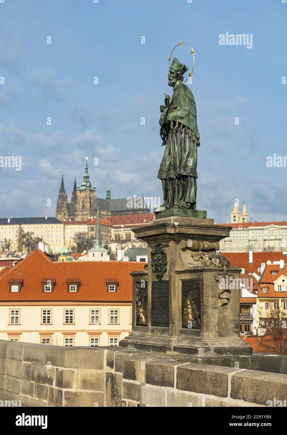 Statue of John of Nepomuk with the Prague Castle, Charles Bridge, Praha ...